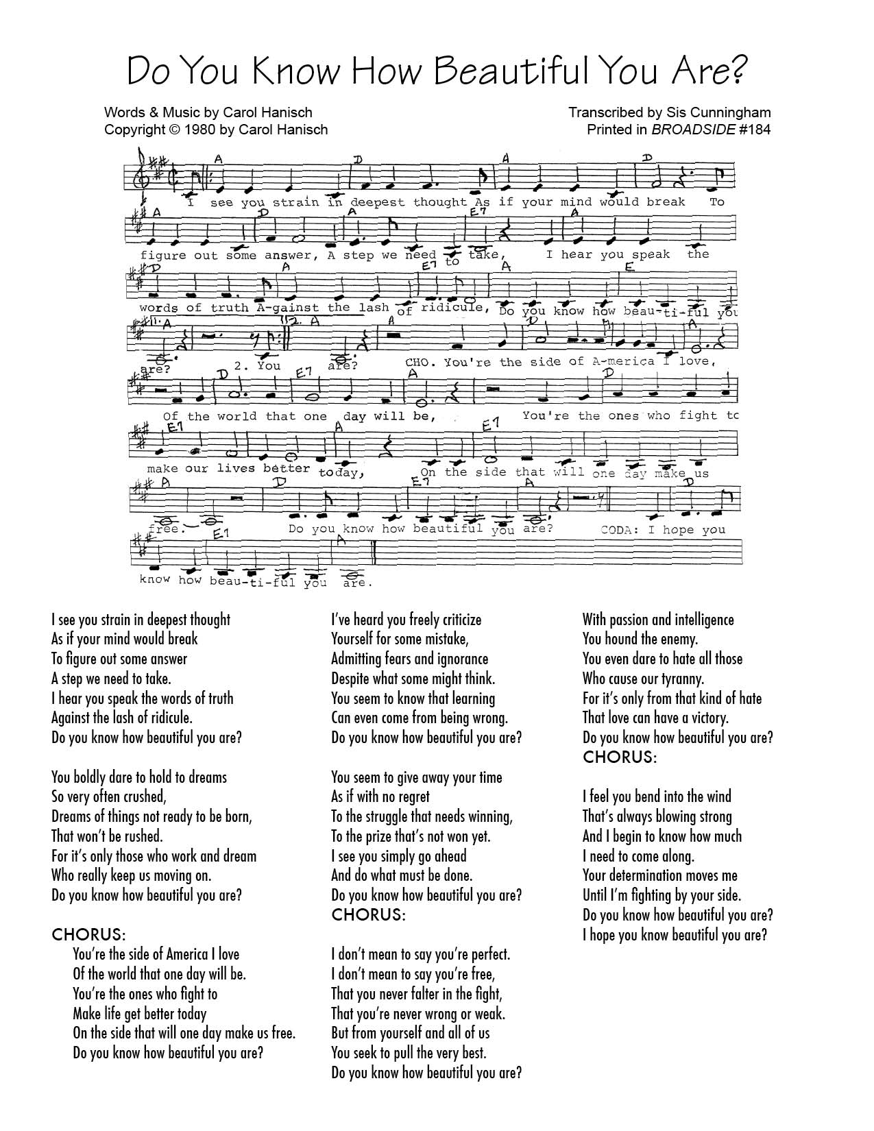 Feminist Song by Carol Hanisch: Do You Know How Beautiful You Are?